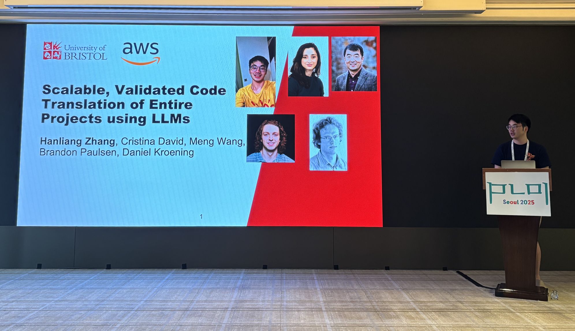 Hanliang presenting 'Scalable, Validated Code Translation of Entire Projects using LLMs' at PLDI ...